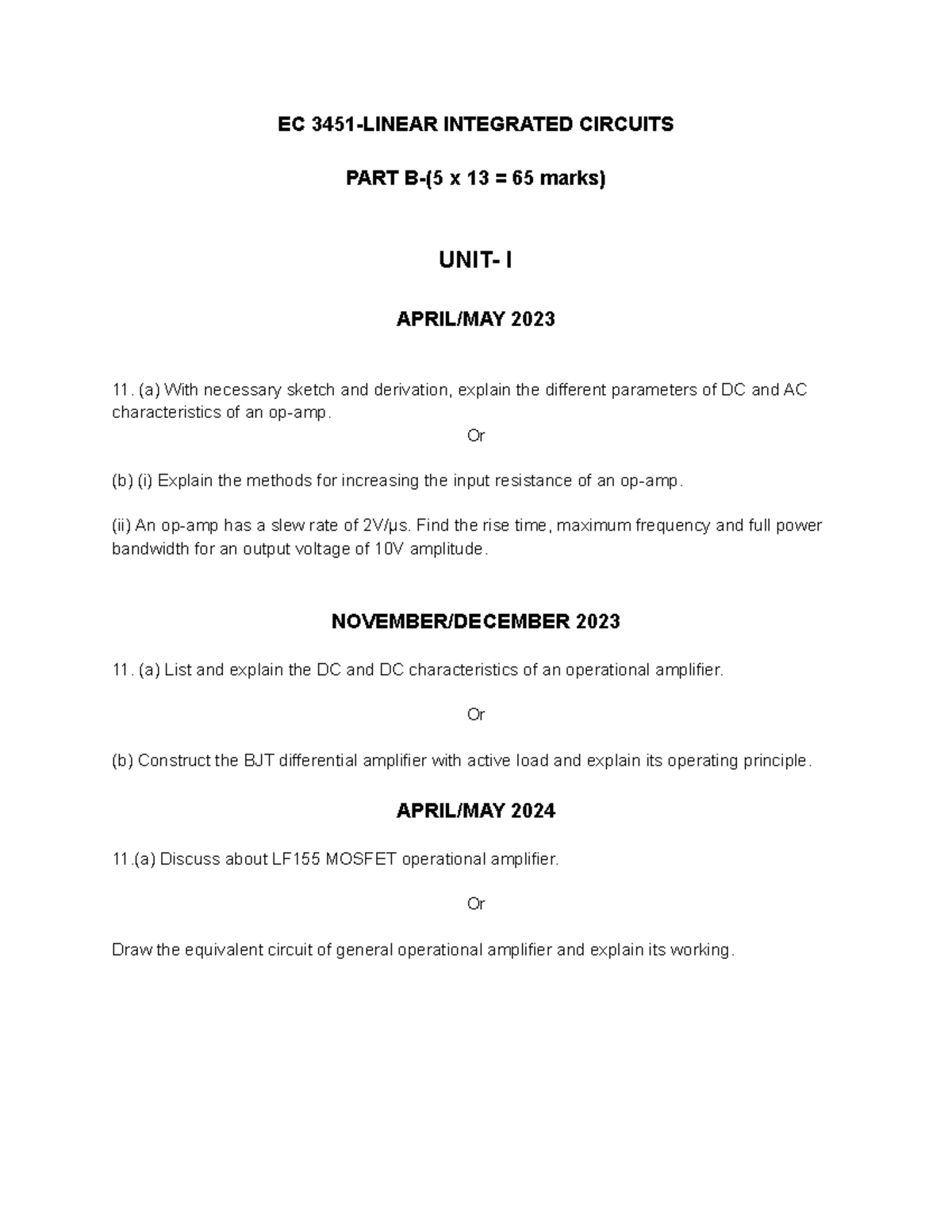EC 3451 - Linear Integrated Circuits: Key Topics & Exam Review - Studocu