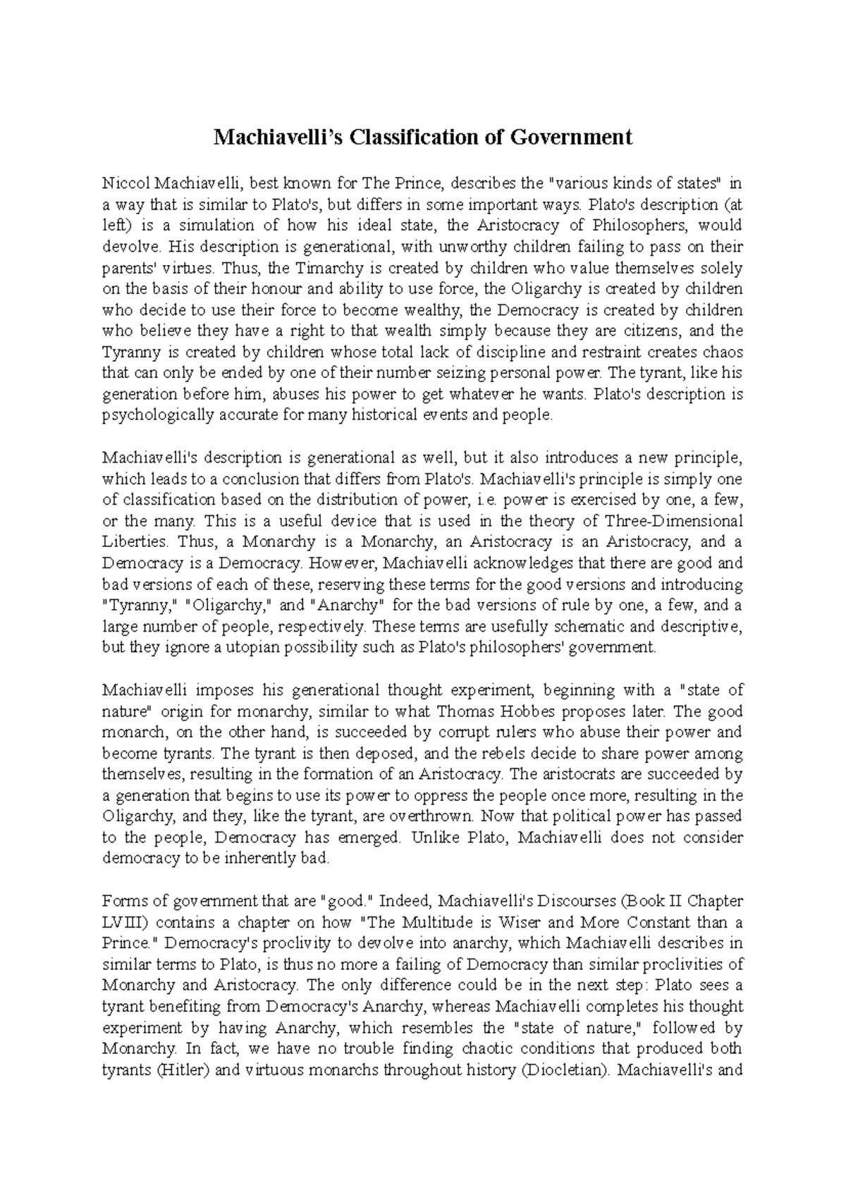 Machiavelli CLAS203: Types of Government and Their Classifications ...