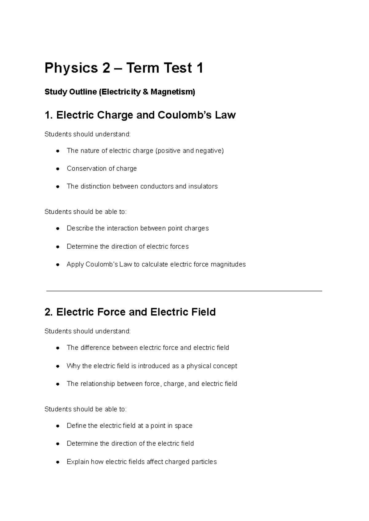 Physics 2 - Term Test 1 Study Guide (Electricity & Magnetism) - Studocu