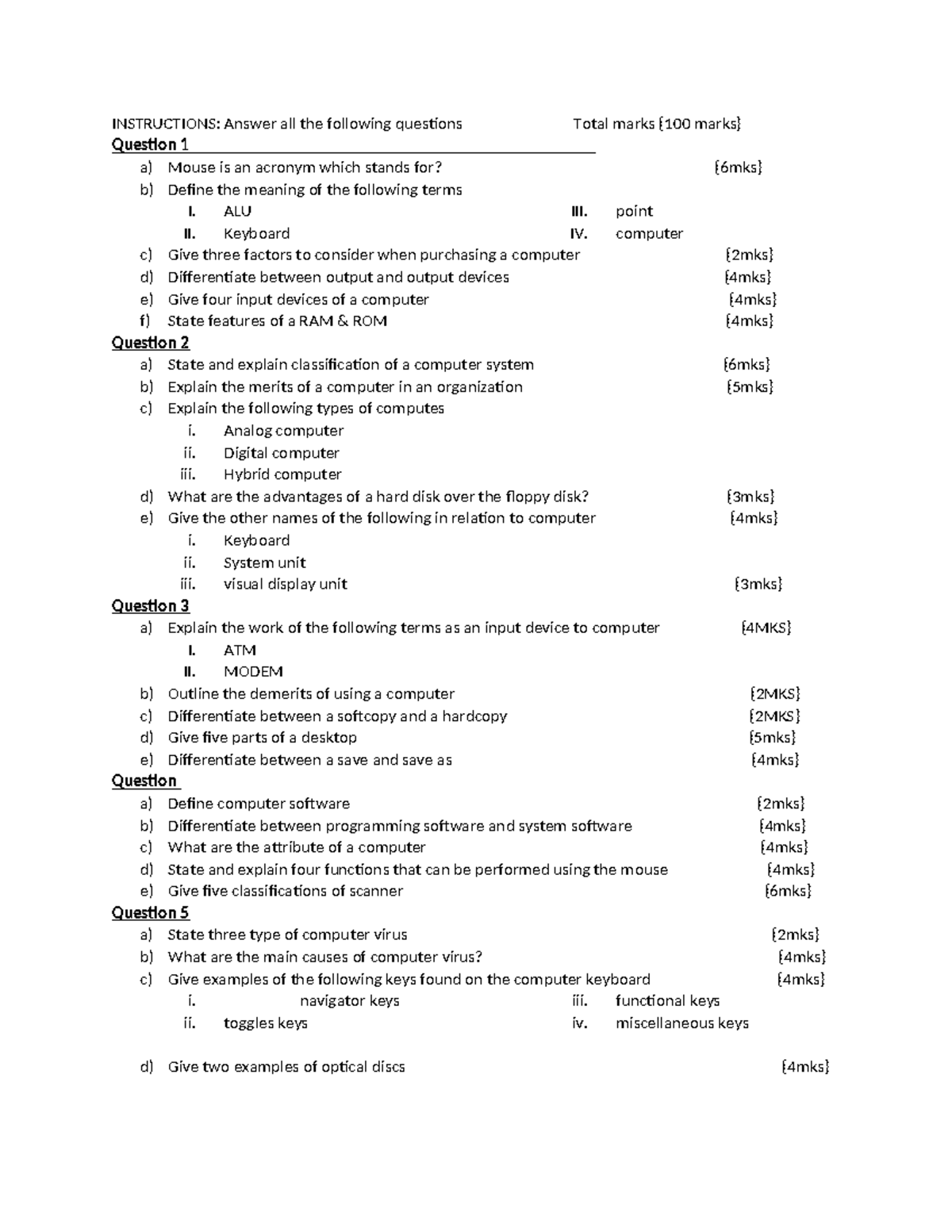 Introduction to computer - INSTRUCTIONS: Answer all the following ...