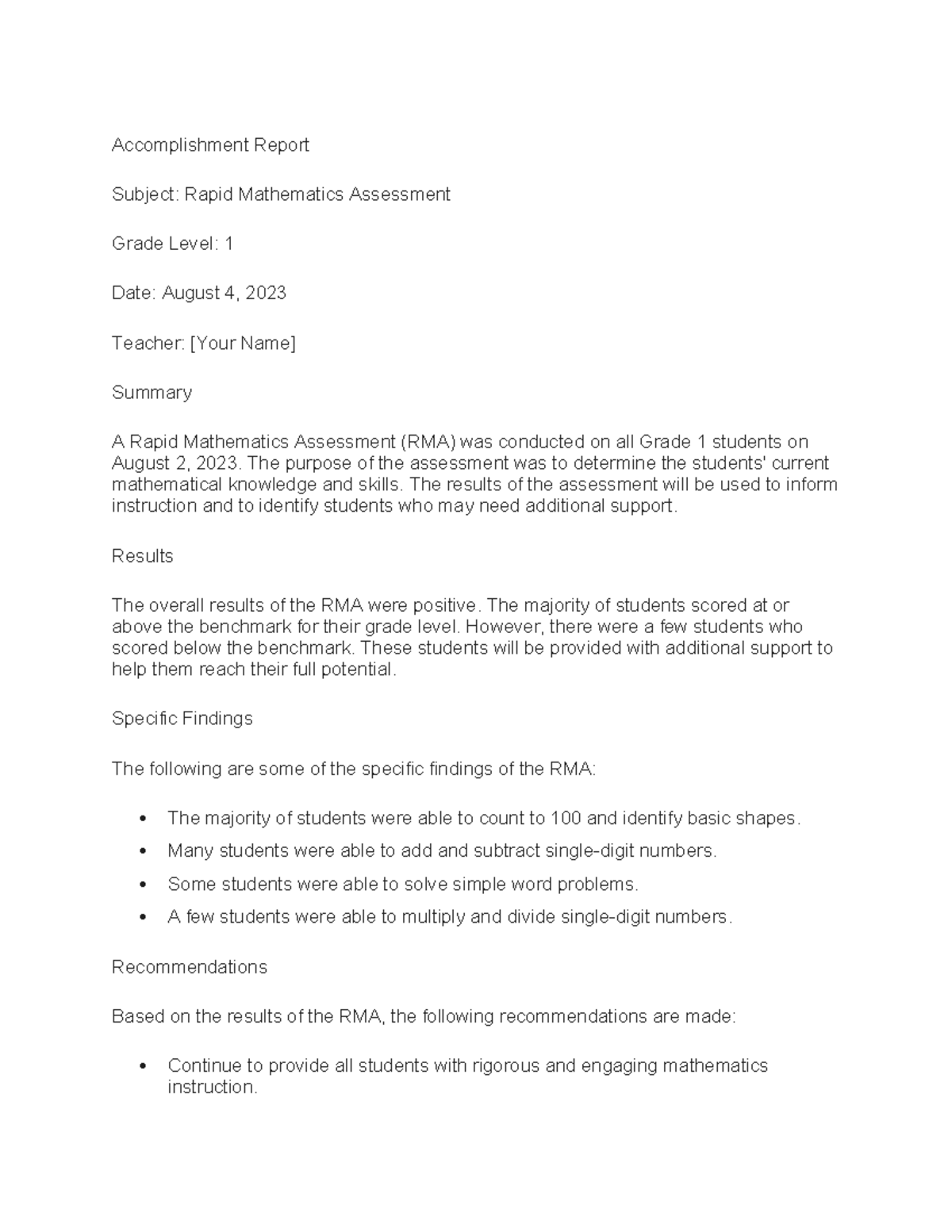 Grade 1 Rapid Math Assessment Accomplishment Report - Aug 2023 - Studocu