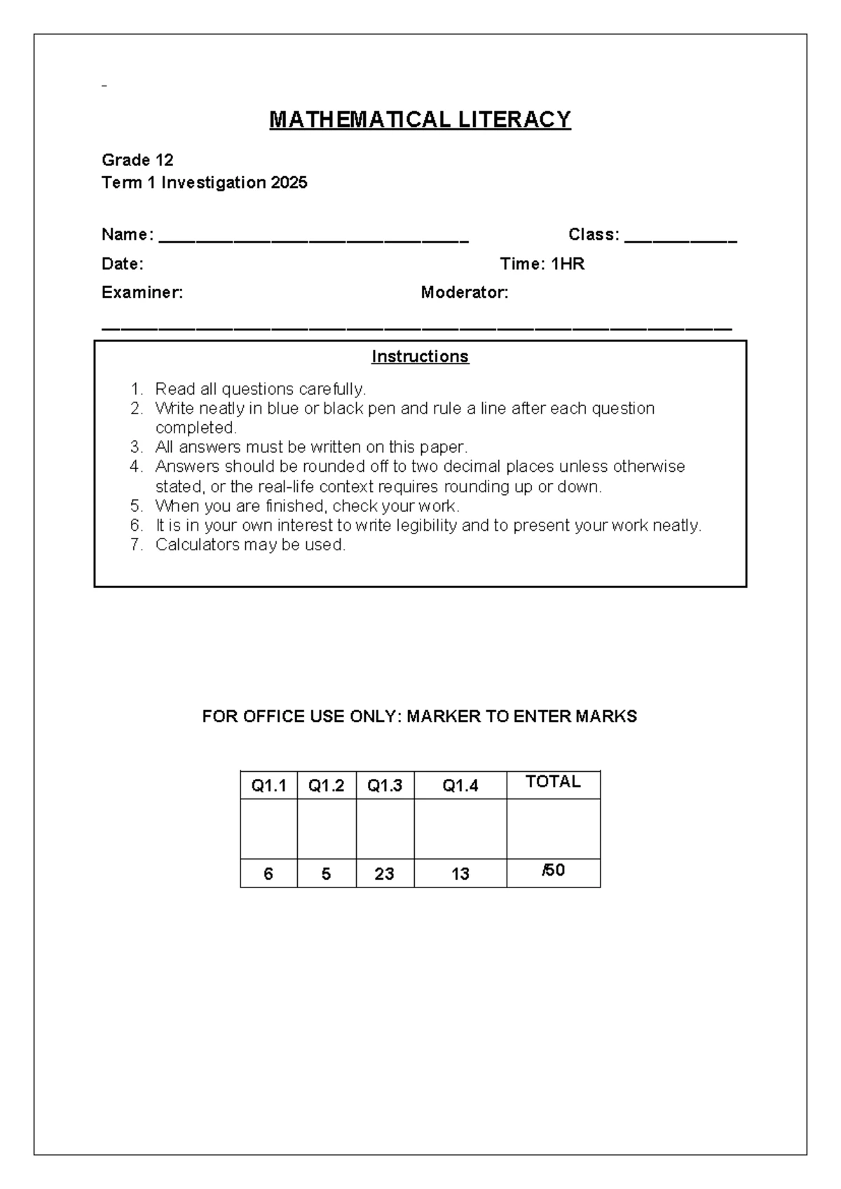 Grade 12 Mathematical Literacy Investigation 2025 MEMO - Studocu
