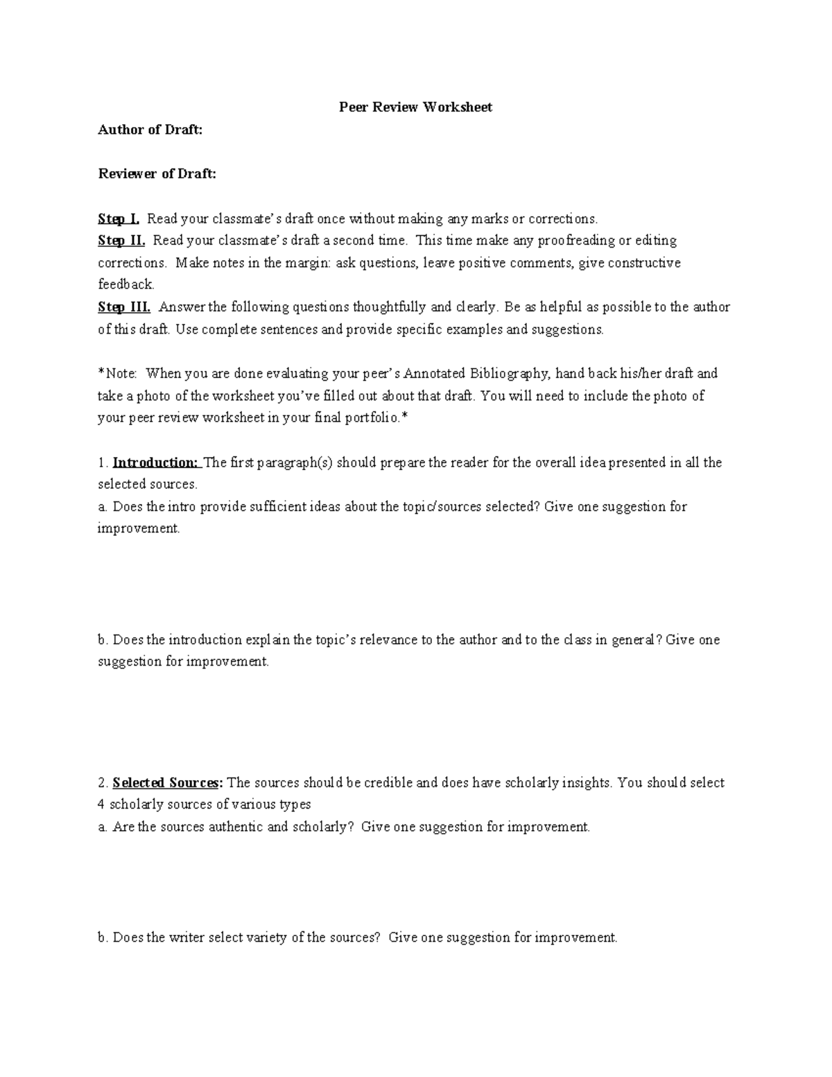 Peer Review Worksheet for Annotated Bibliography AB #1 - Studocu
