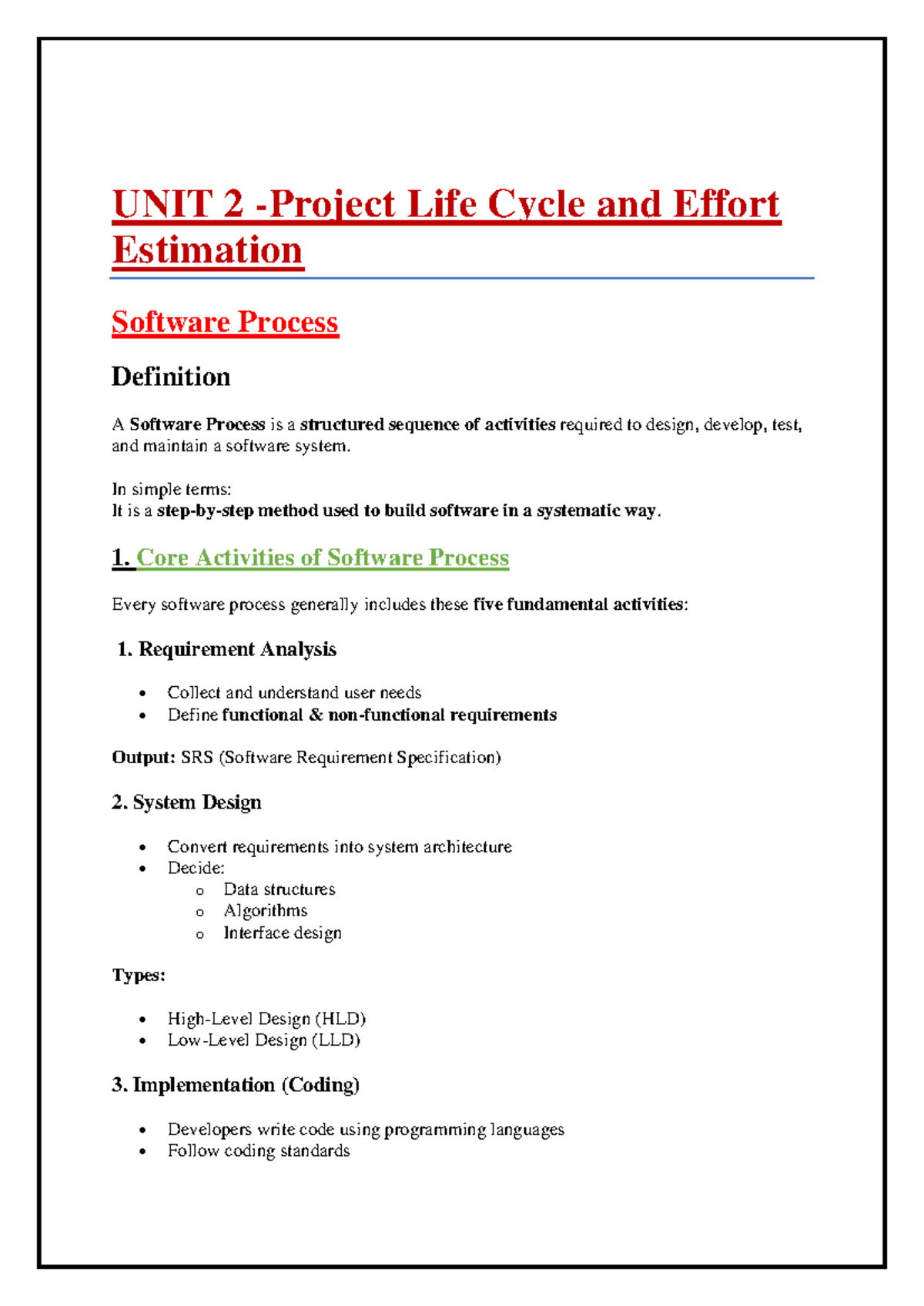 UNIT 2 SPM - Life Cycle & Effort Estimation in Software Process - Studocu