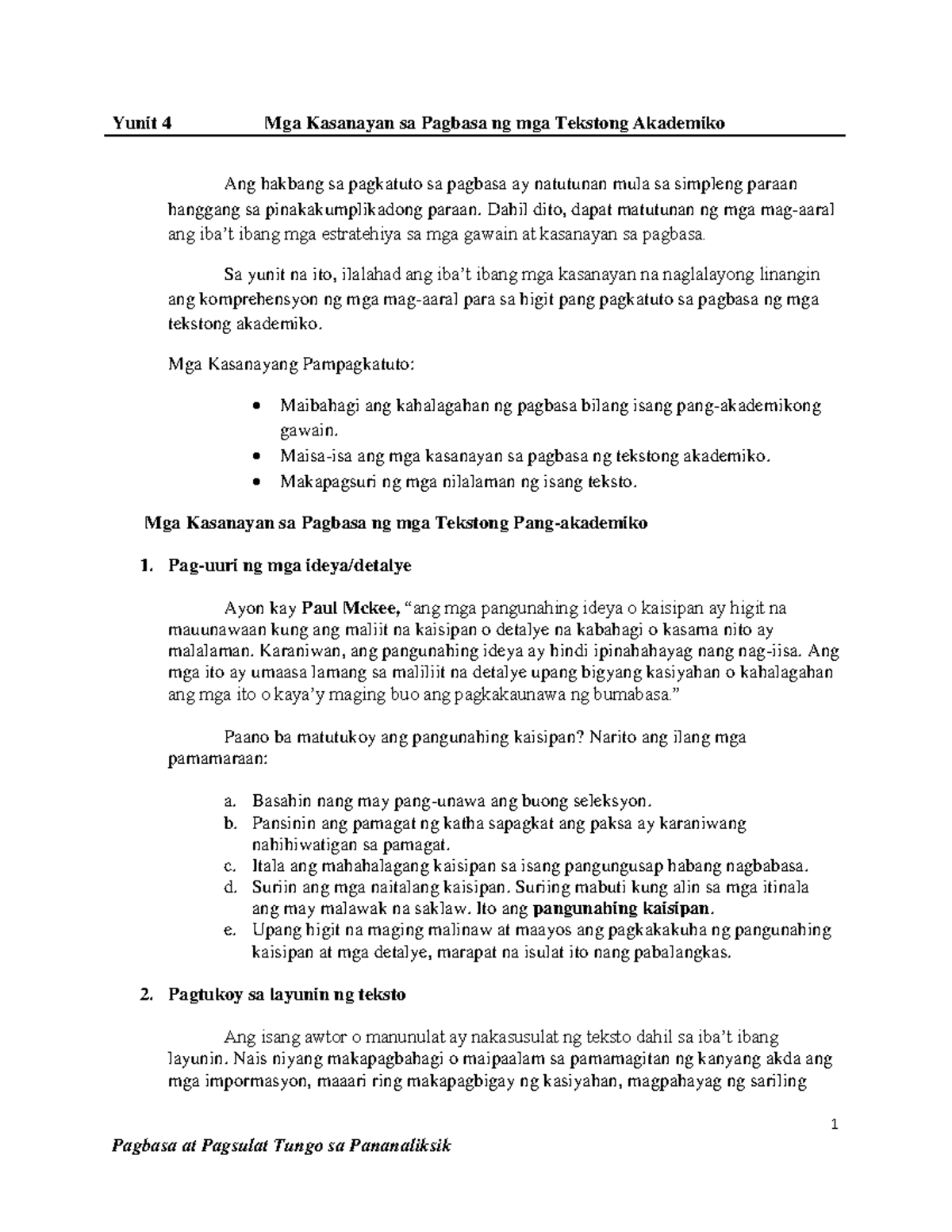 Mga Kasanayan sa Pagbasa ng Tekstong Akademiko: Yunit 4 - Studocu