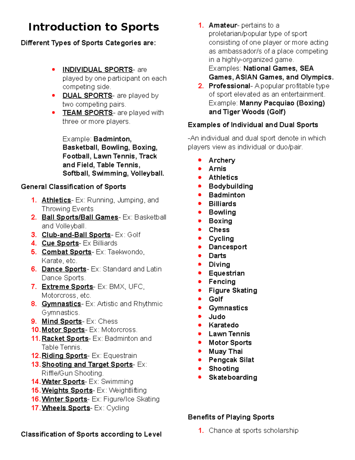 Introduction-to-Sports (Fact Sheet) - Introduction to Sports Different ...