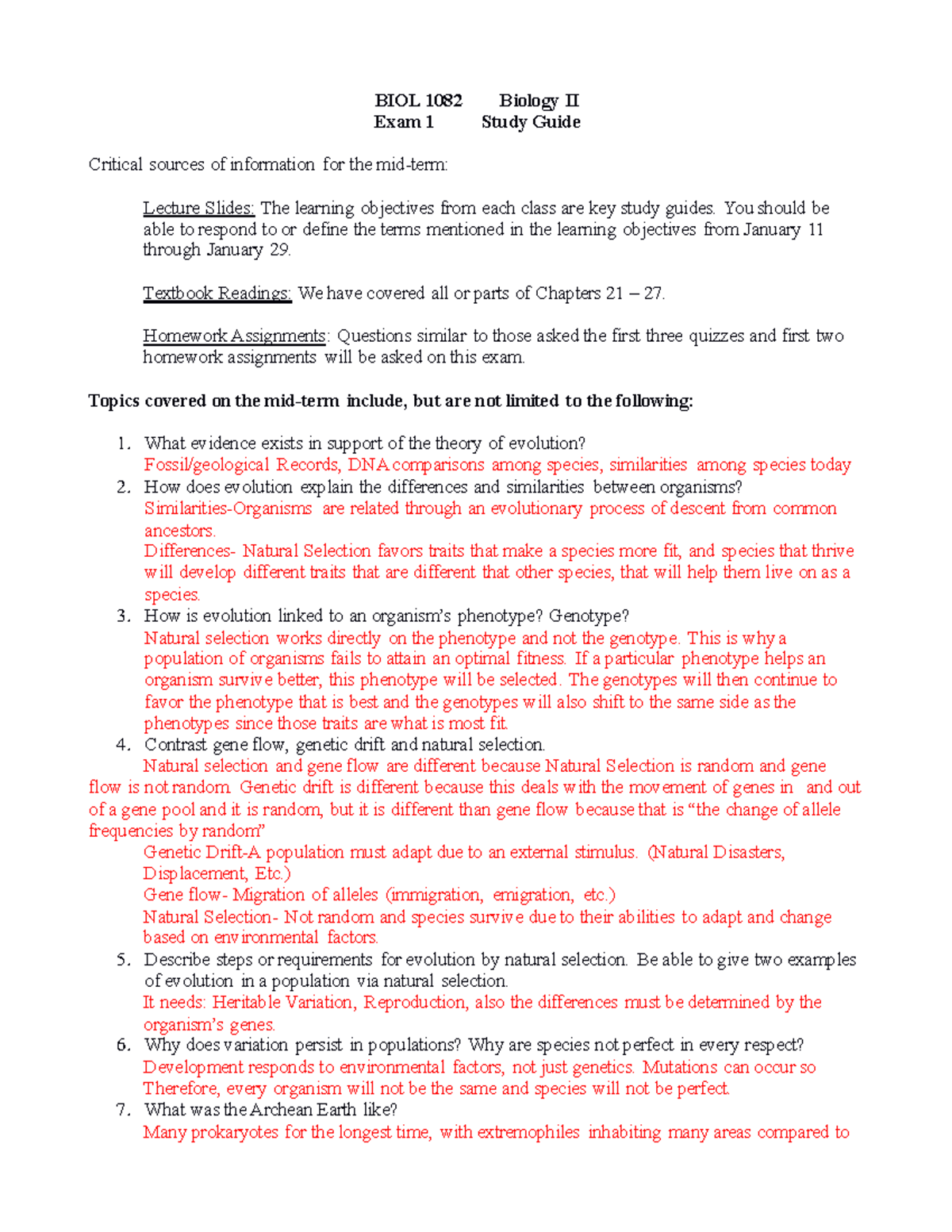 BIOL 1082 Biology II Midterm Exam 1 Study Guide and Key Topics - Studocu