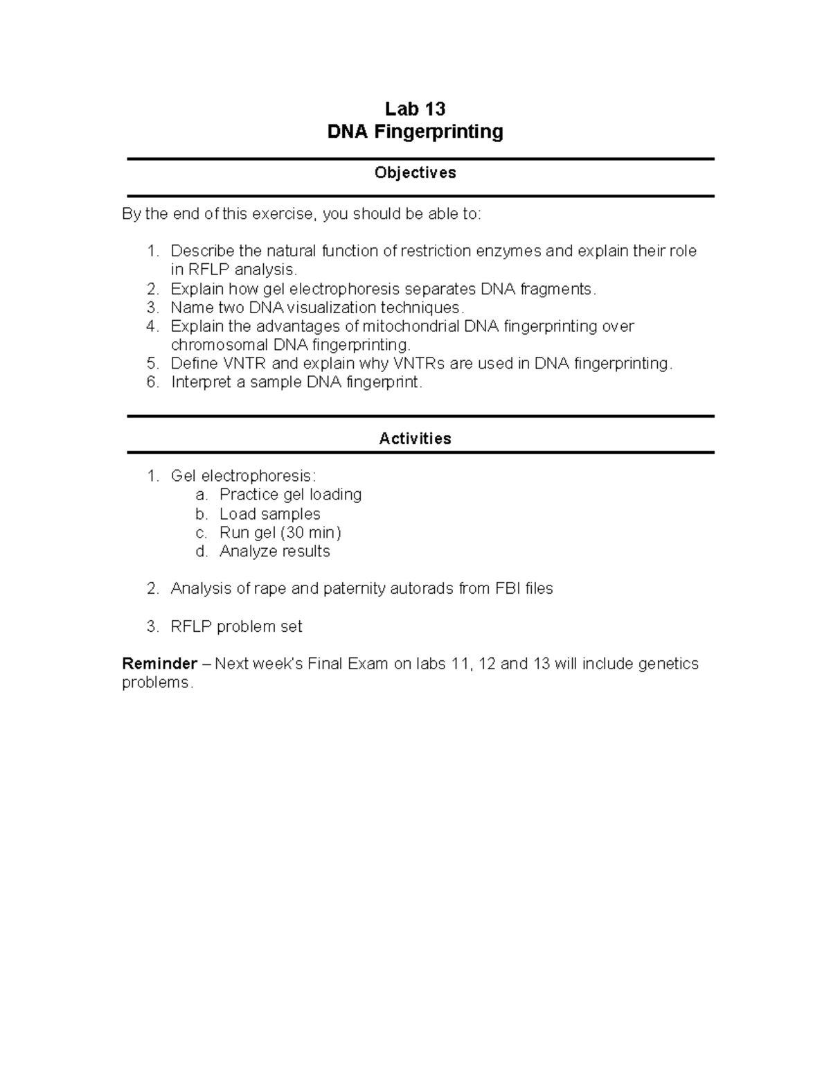 BI-201 Lab 13: DNA Fingerprinting and Gel Electrophoresis Techniques ...