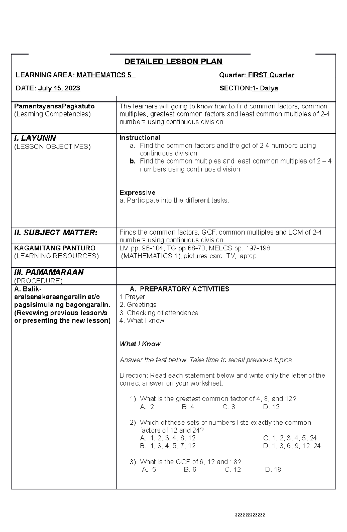 Q1 Math 5: Finding Common Factors, GCF, and LCM via Division - Studocu