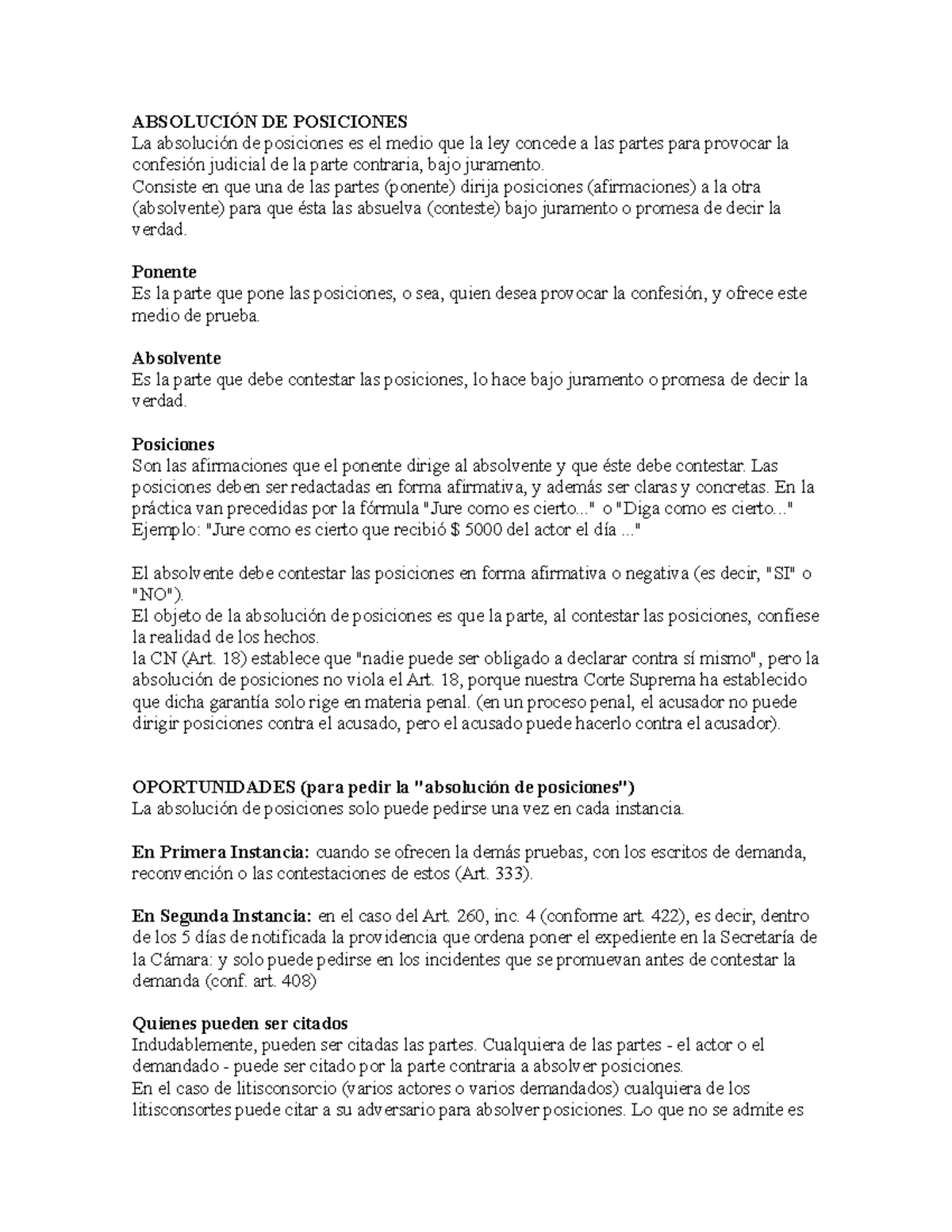 Absolución de Posiciones: Guía Completa sobre el Proceso Legal - Studocu
