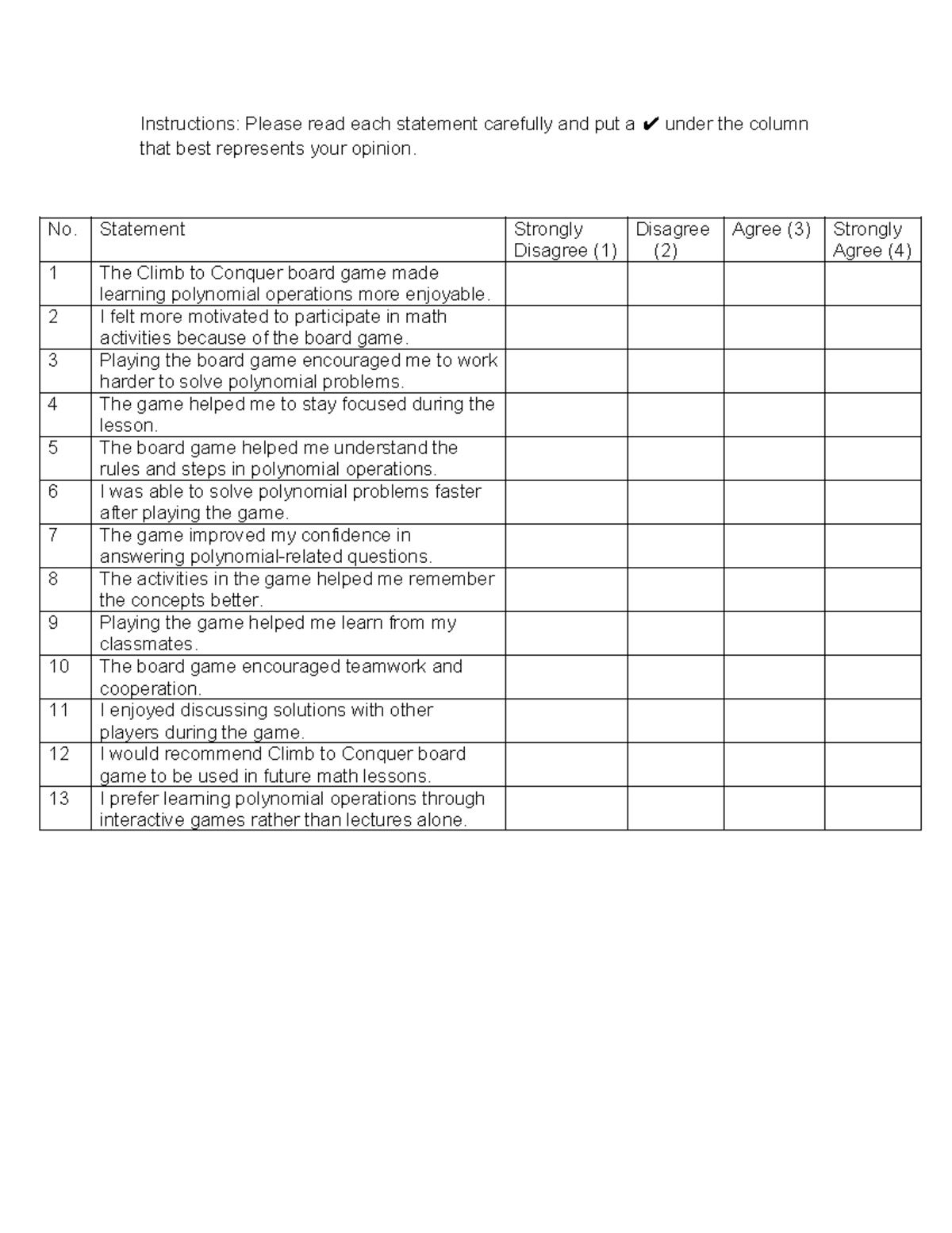 Likert Scale Feedback on Climb to Conquer Board Game in Math - Studocu