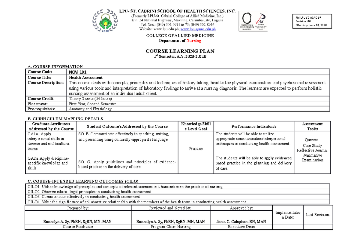 NCM 101 Health Assessment Course Learning Plan and Curriculum Guide ...