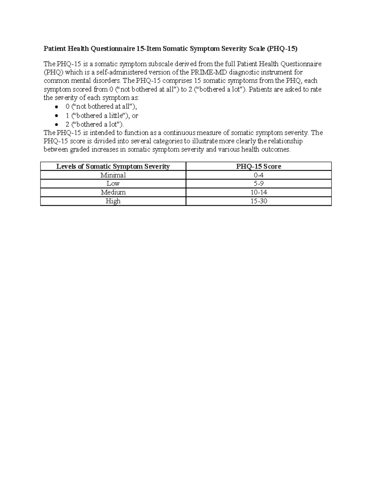 PHQ-15 Patient Health Questionnaire: Score Instructions and Guide - Studocu