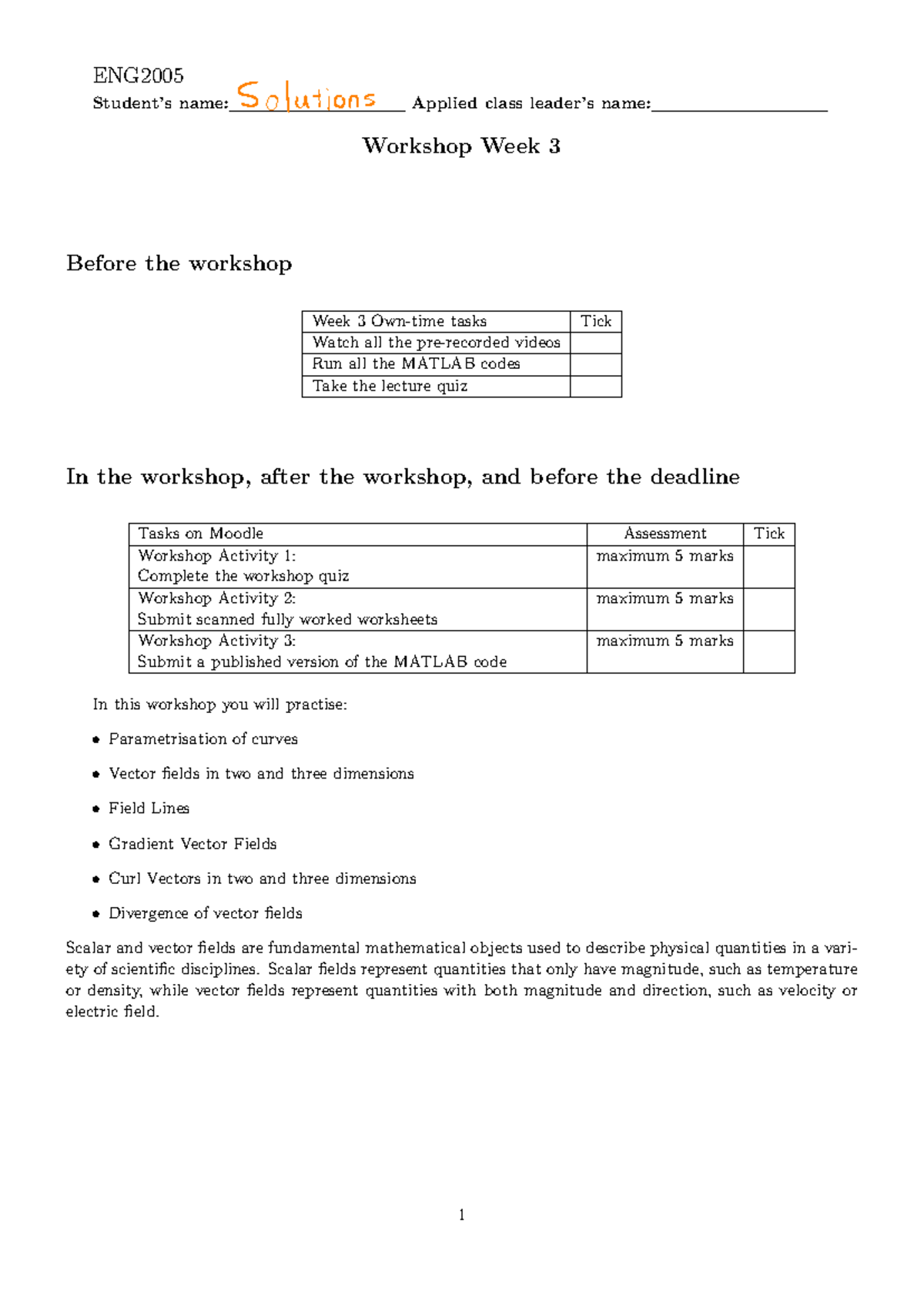 ENG2005 Workshop Week 3: Vector Fields & Parametrisation Tasks - Studocu