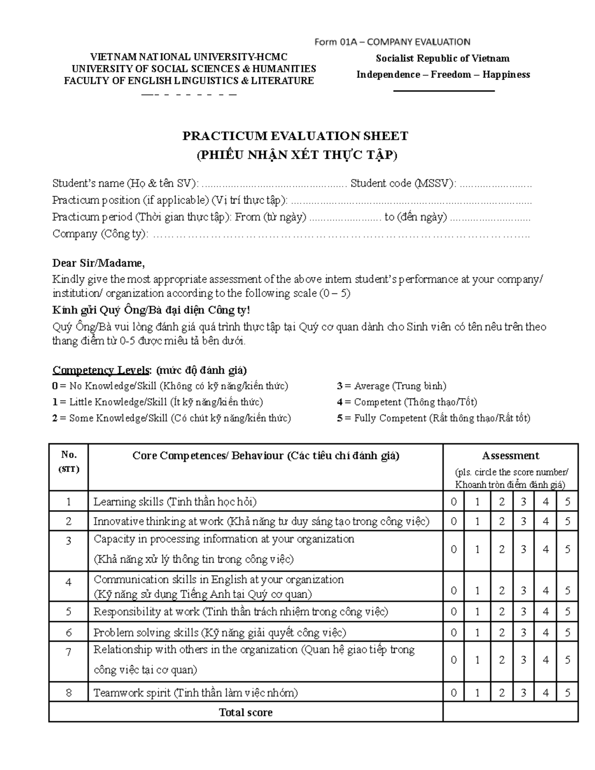Practicum Evaluation Sheet for English Linguistics Students (Mau 01A) - Studocu