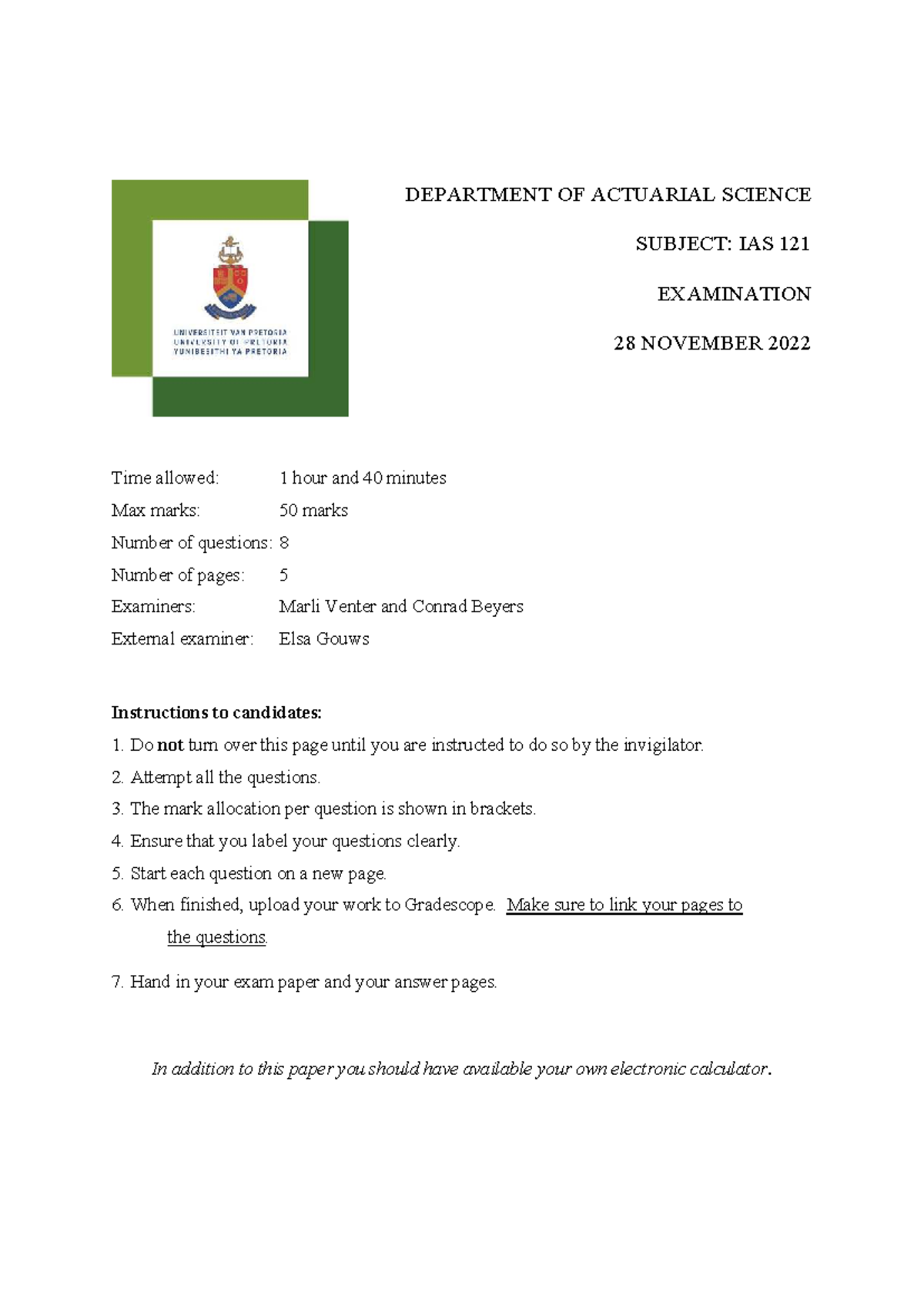IAS 121 Final Exam Paper - Actuarial Financial Maths 2022 - Studocu