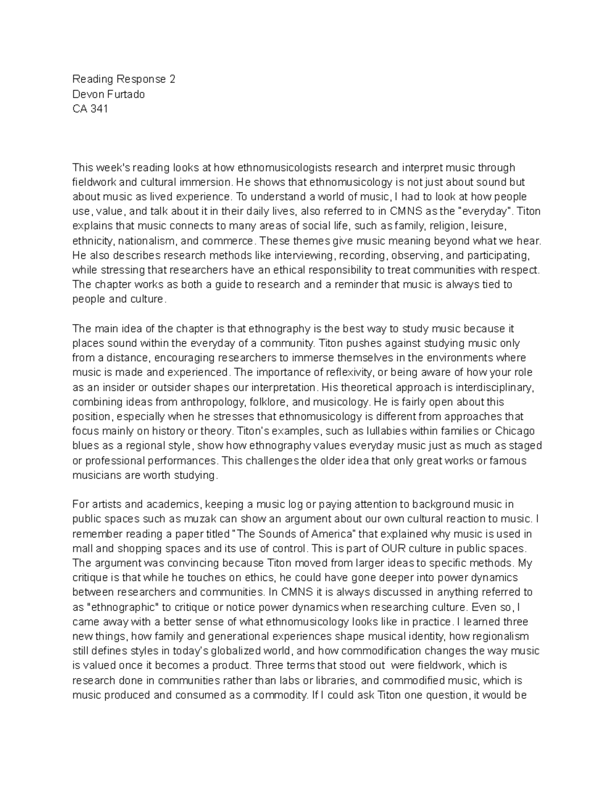 Reading Response 2: Ethnomusicology Insights - CA 341 - Studocu