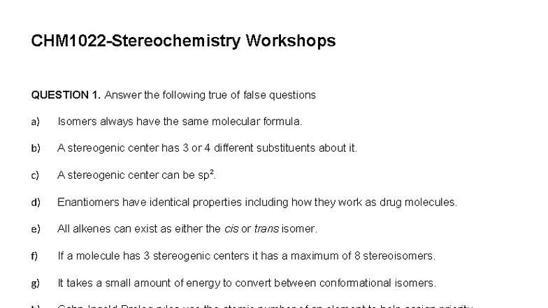 Workshop Questions on Stereochemistry (CHEM 101) - Studocu