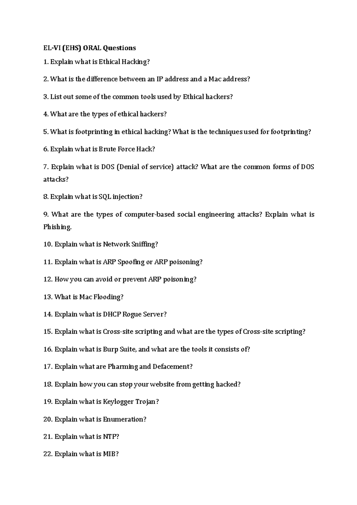 (EHS) Oral Question Bank - Ethical Hacking Concepts and Tools - Studocu