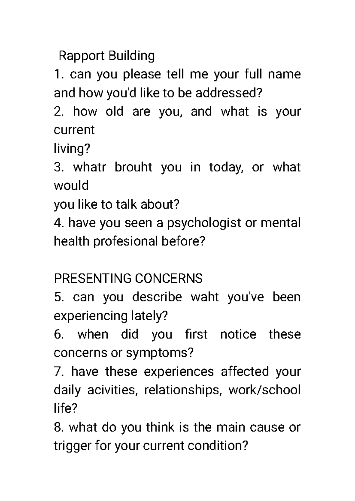 Rapport Building Questions for Mental Health Assessment - Studocu