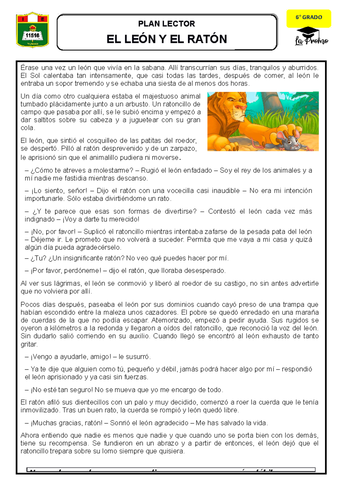 Lector 6° Grado - Fábula: El león y el ratón - Comprensión Textual ...