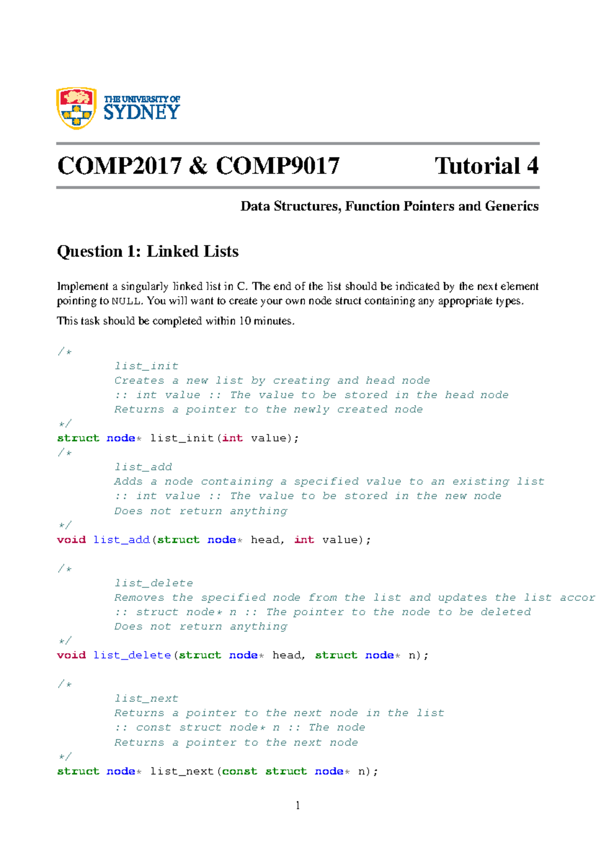 L4 - Data Structures, Function Pointers, Generics - COMP2017 & COMP9017 Tutorial 4 Data - Studocu