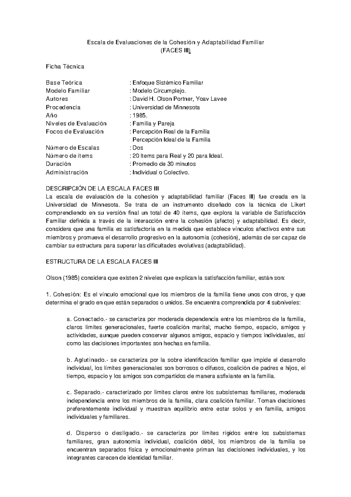 Escala FACES III: Evaluación de Cohesión y Adaptabilidad Familiar - Studocu