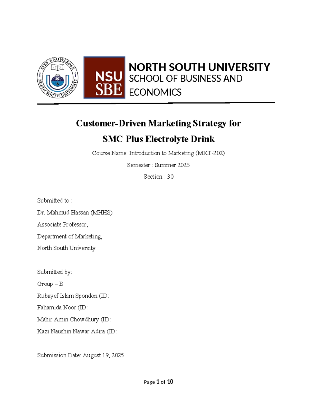 MKT 202 Summer 2025: Marketing Strategy for SMC Plus Electrolyte Drink ...