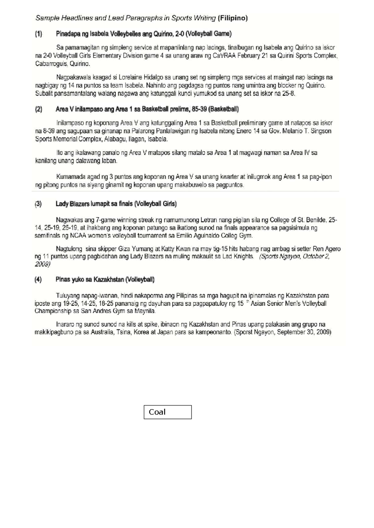 Sample Headlines and Lead Paragraphs in Sports Writing (Filipino) - Studocu