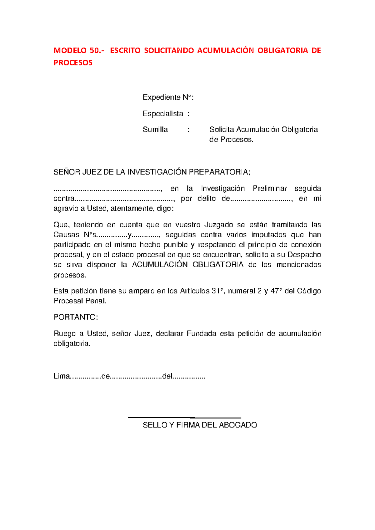 Modelo 50: Solicitud de Acumulación Obligatoria de Procesos - Studocu
