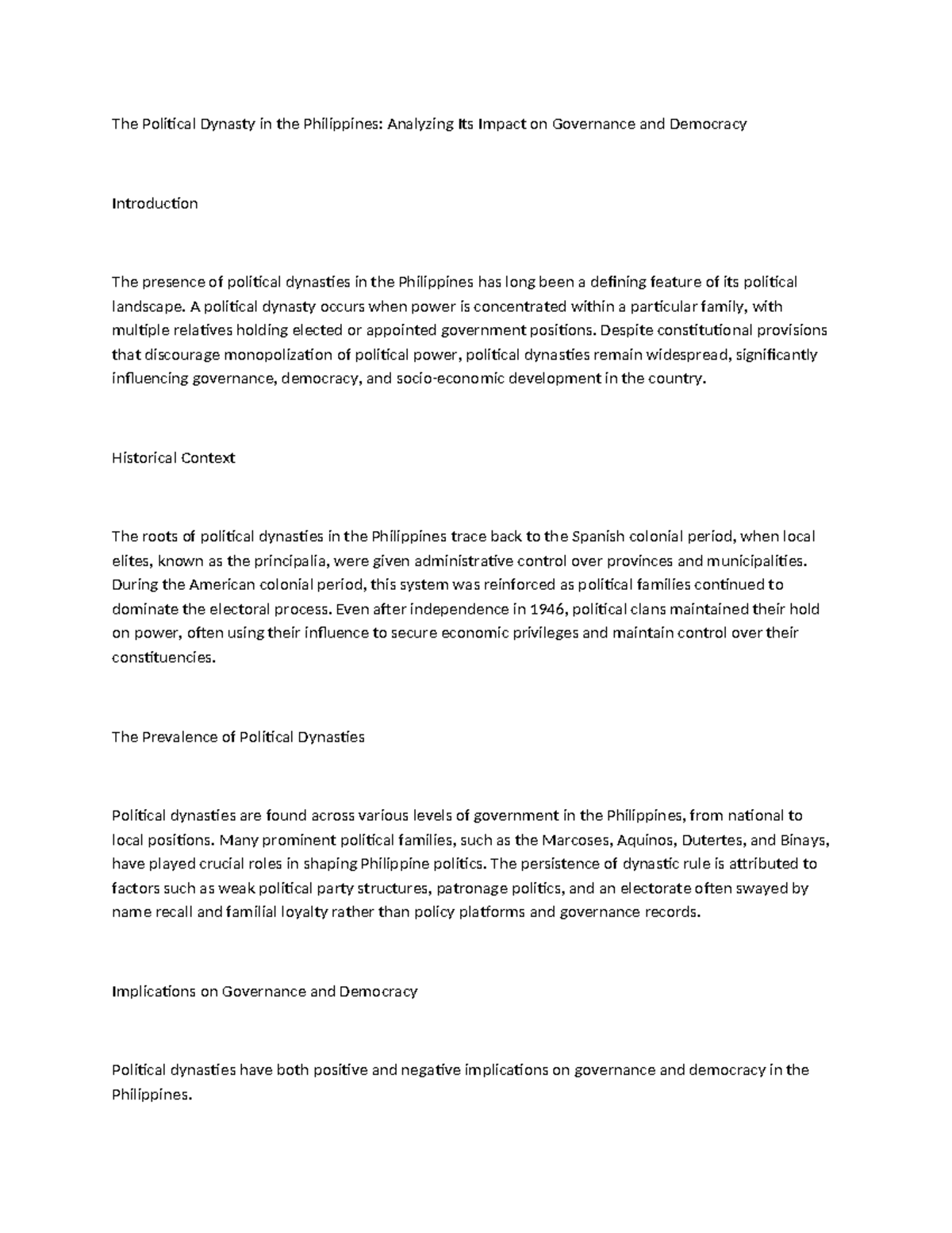 Analyzing Political Dynasties in the Philippines: Governance Impacts ...