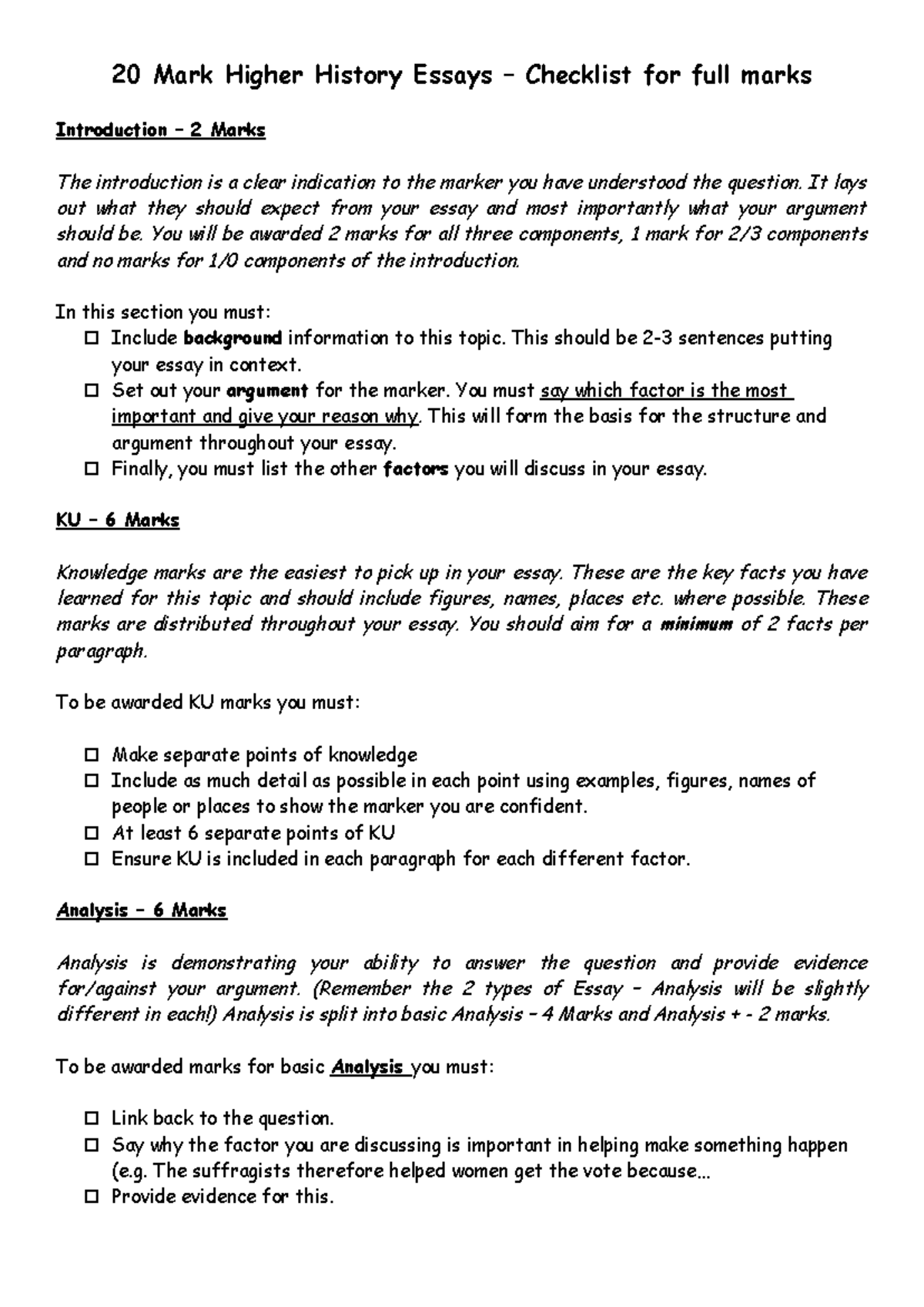 20 Mark Higher History Essay Checklist for Full Marks Guide - Studocu