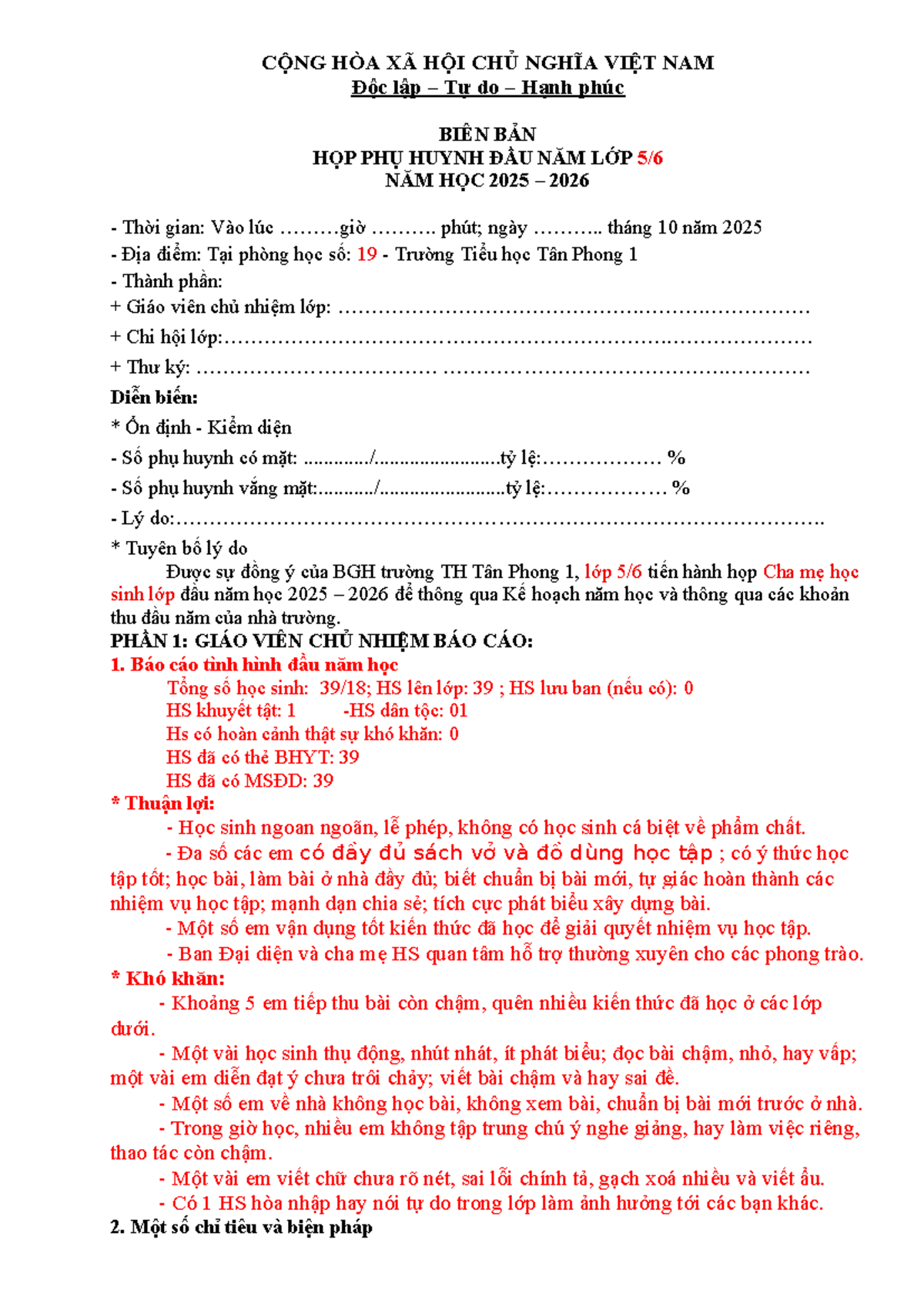 Biên Bản Họp Phụ Huynh Đầu Năm Lớp 2025-2026 - Trường Tân Phong 1 - Studocu