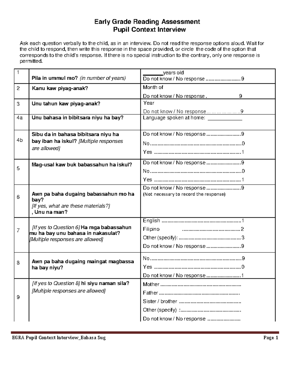 Reading Materials - EGRA Pupil Context Interview_Bahasa Sug Page 1 ...