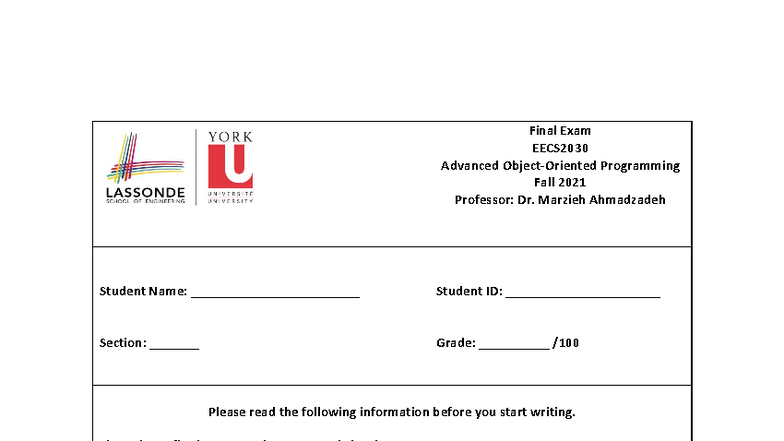 Final Exam EECS2030 Advanced Programming Sample Practice - Studocu