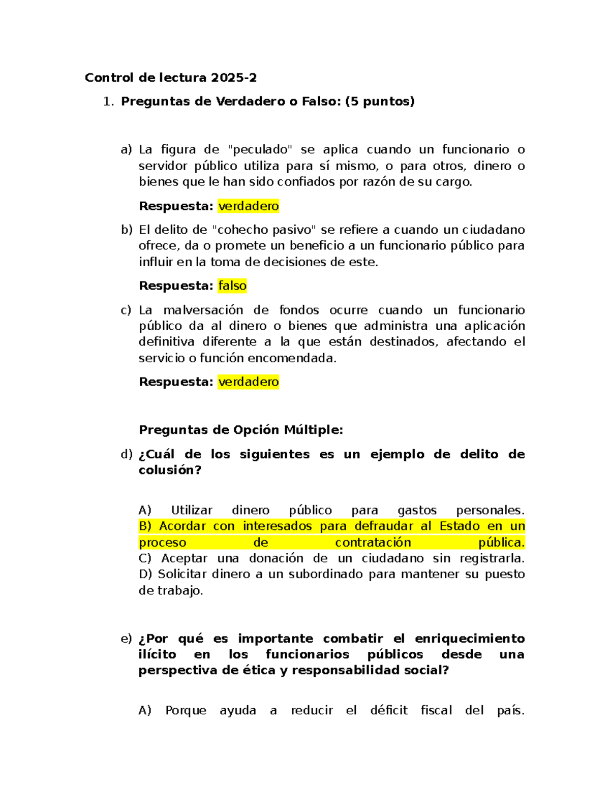 Control de Lectura 01: Preguntas de Verdadero o Falso y Opción Múltiple ...