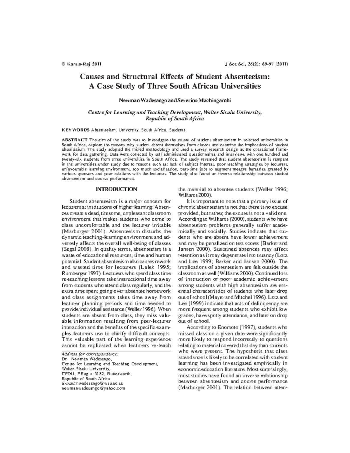 Causes and Effects of Student Absenteeism: A Case Study of South ...