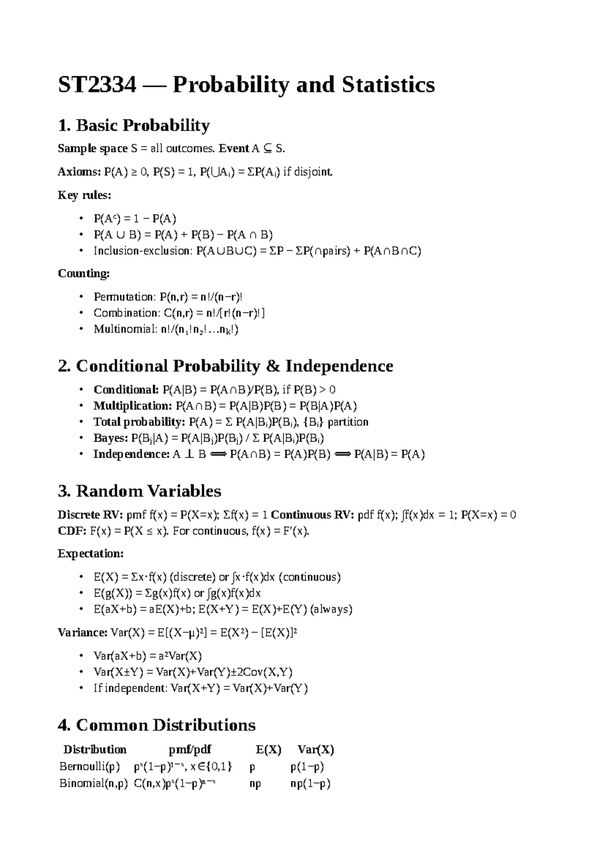 ST2334 Probability and Statistics 1: Summary of Key Concepts - Studocu