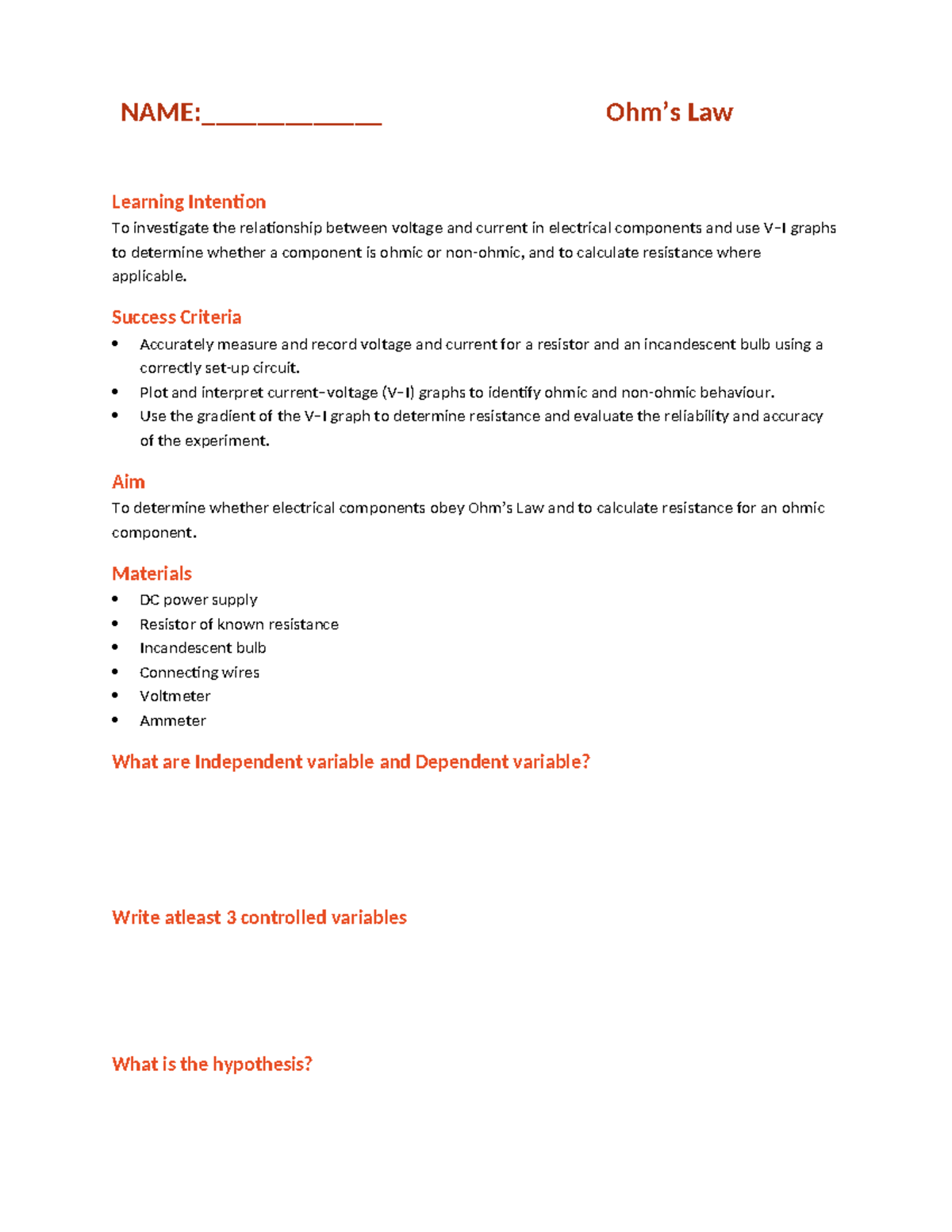 Ohm's Law Practice - Investigating Voltage, Current, and Resistance ...