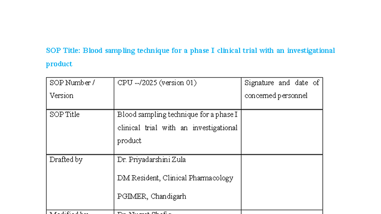 Blood Sampling SOP for Phase I Clinical Trials (CPU - v01) - Studocu