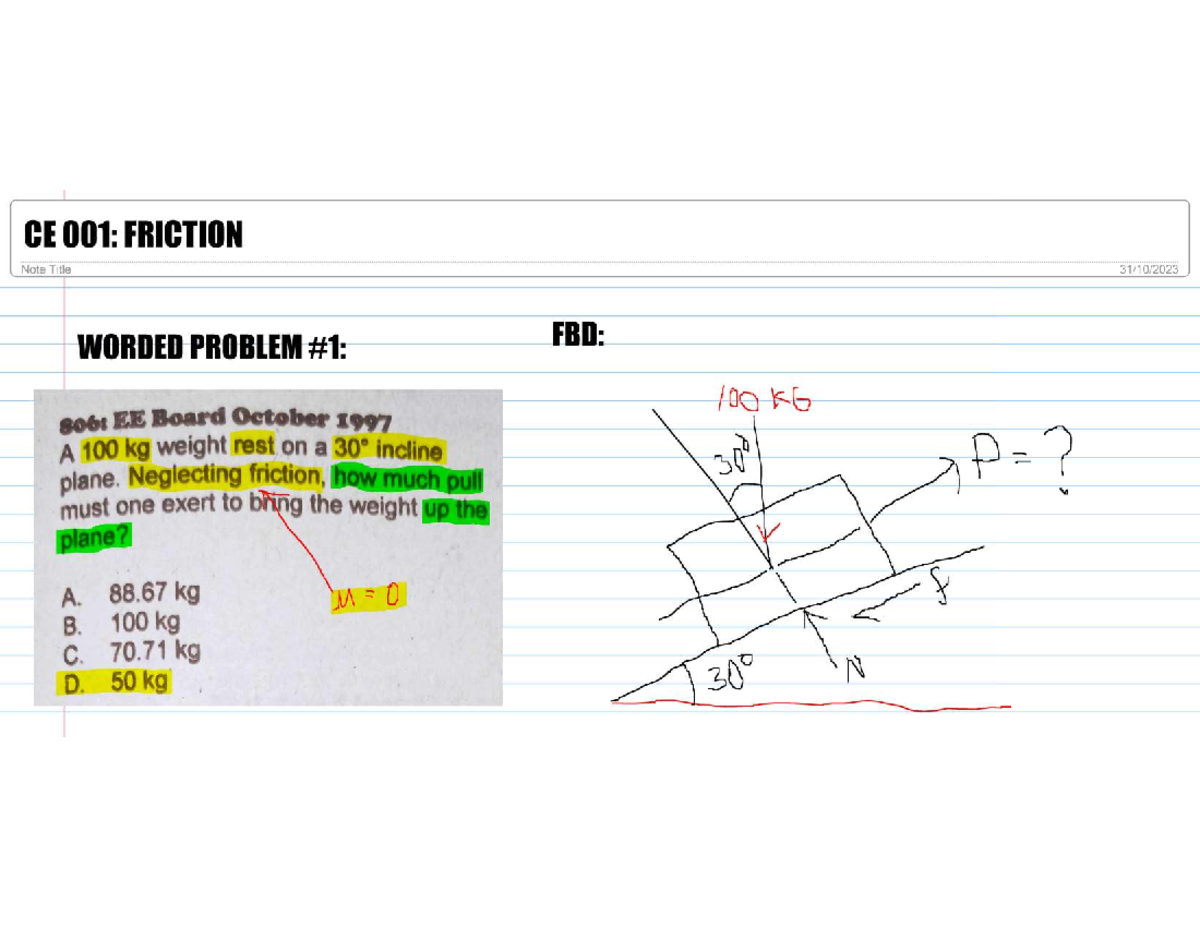 CE 001: Friction Word Problems and Free Body Diagrams - Studocu