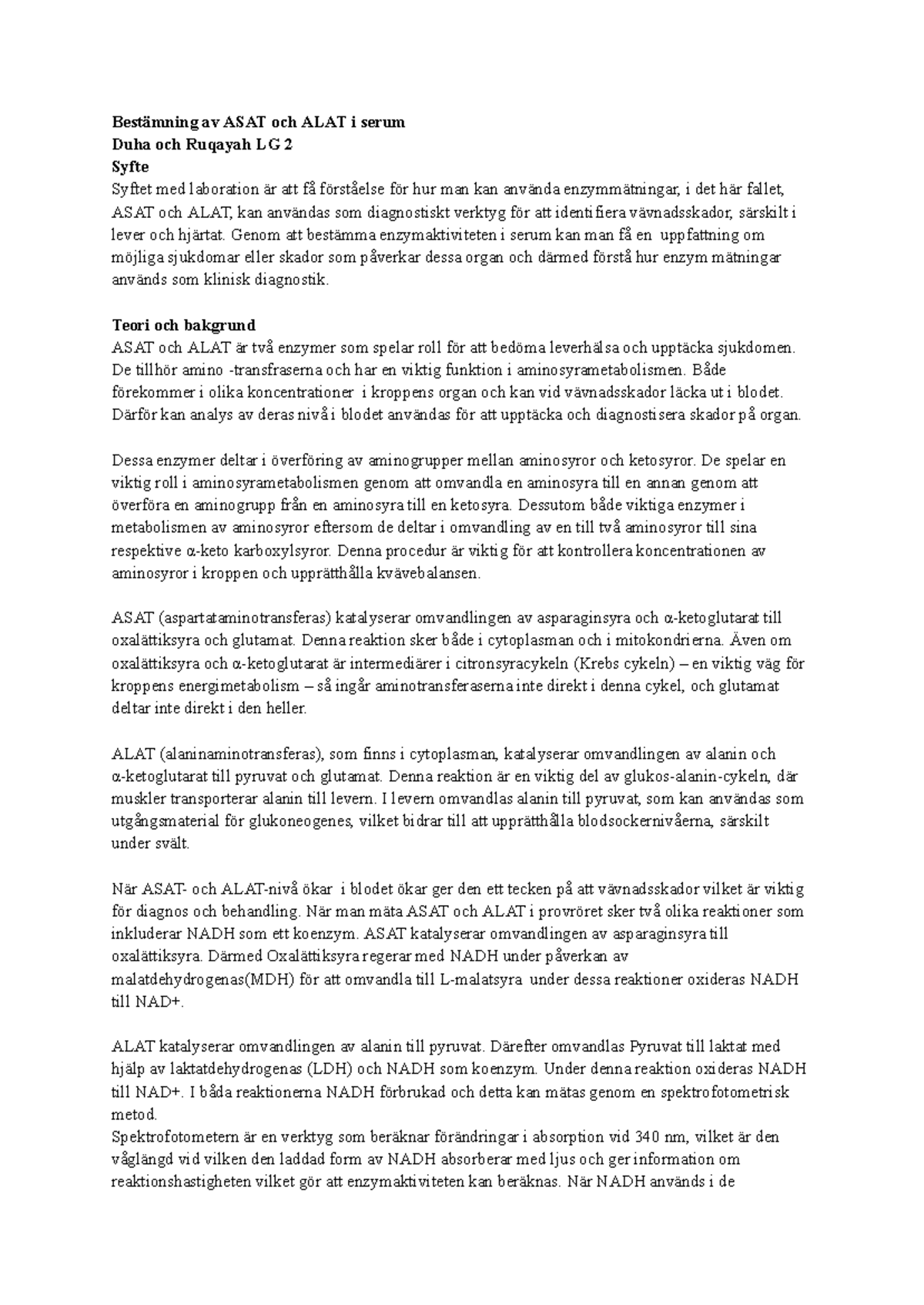 Bestämning av ASAT och ALAT i serum - Laborationsrapport LG 2 - Studocu