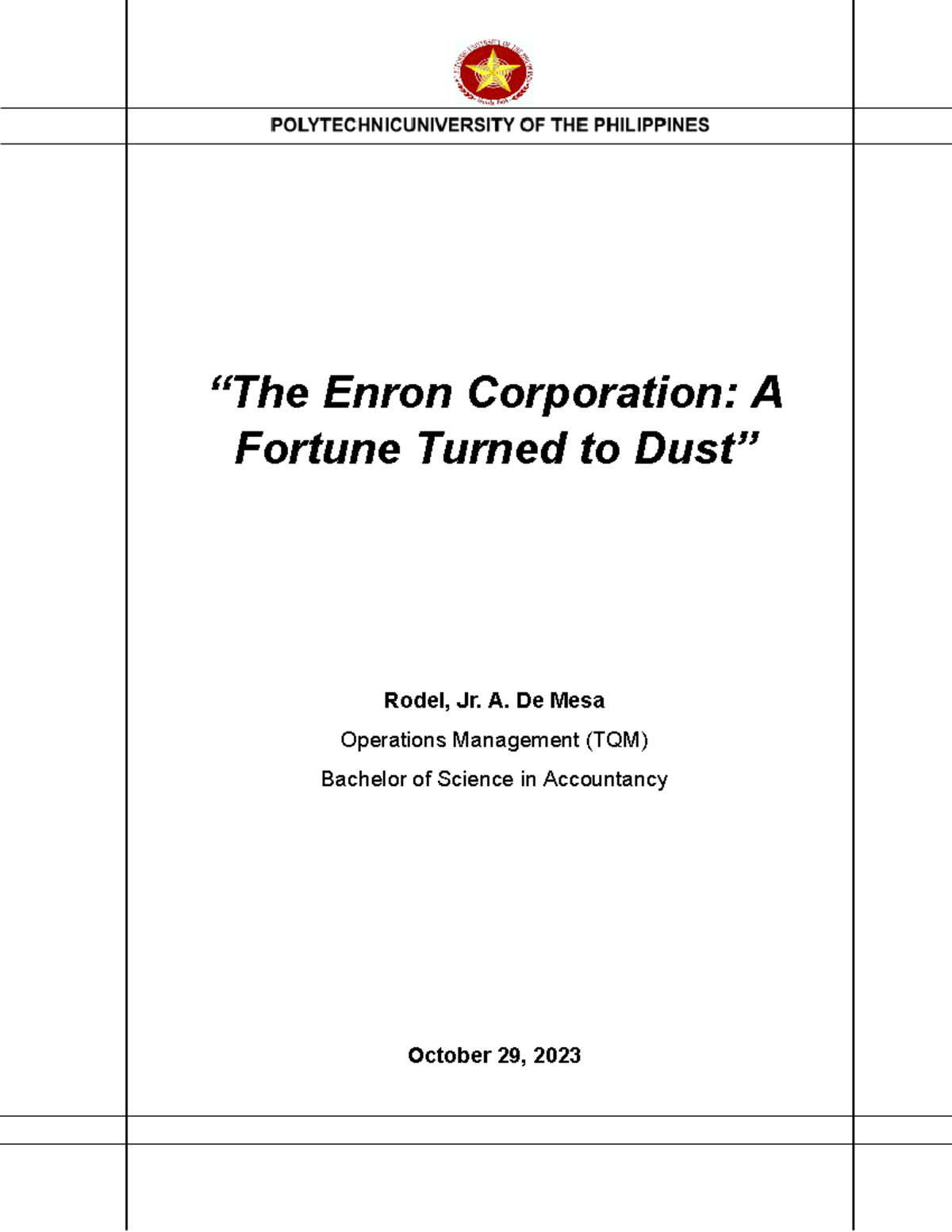 Case Study: Analyzing the Rise and Fall of Enron Corp in TQM - Studocu