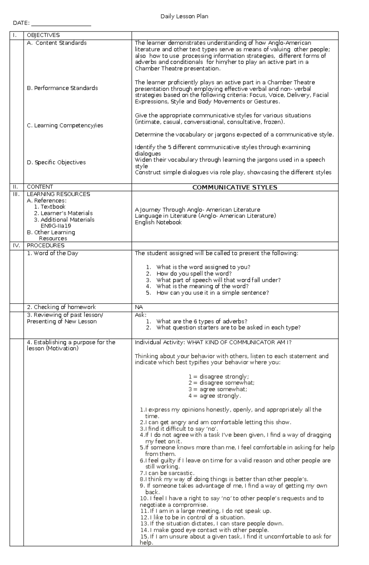 DLL English 9 Q1 Communicative Styles: Daily Lesson Plan Overview - Studocu