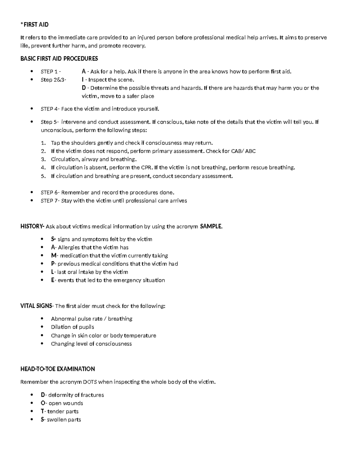 AID 101: Essential First Aid Procedures and Techniques - Studocu