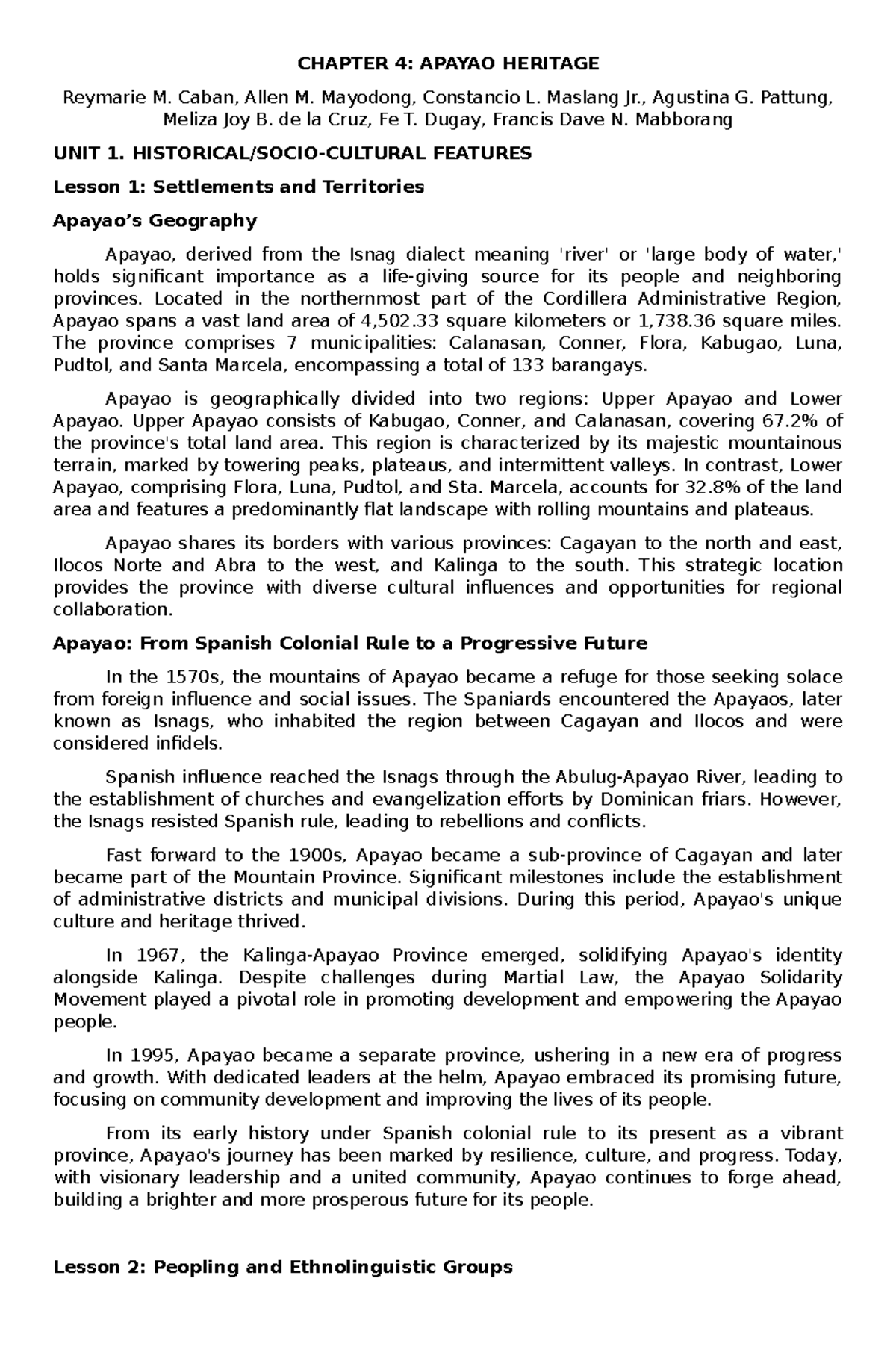 Chapter 4: Understanding Apayao's Cultural Heritage (APY 101) - Studocu