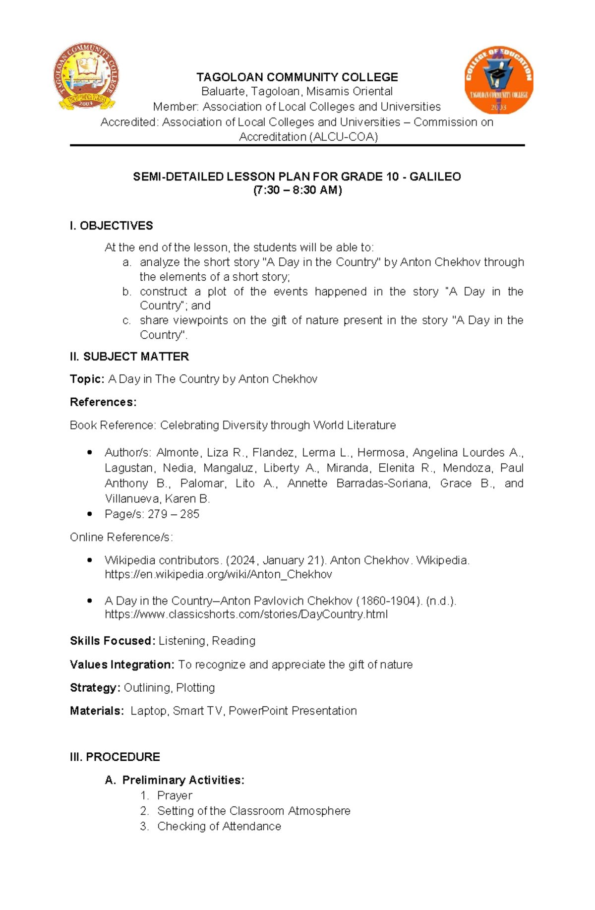 Semi-Detailed Lesson Plan: Grade 10 Literature - A Day in the Country ...