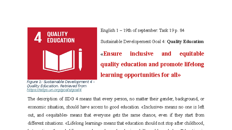 English 1: SDG 4 - Quality Education Overview and Progress - Studocu