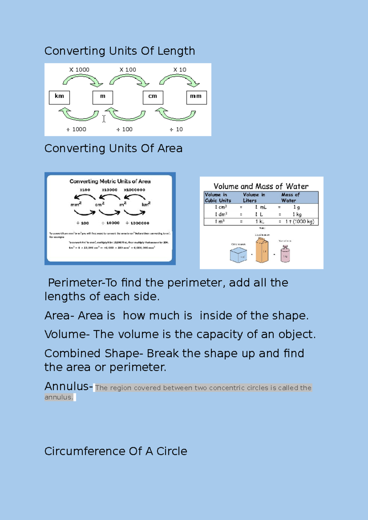 Measurement - Math Notes: Units of Length & Area Concepts - Studocu