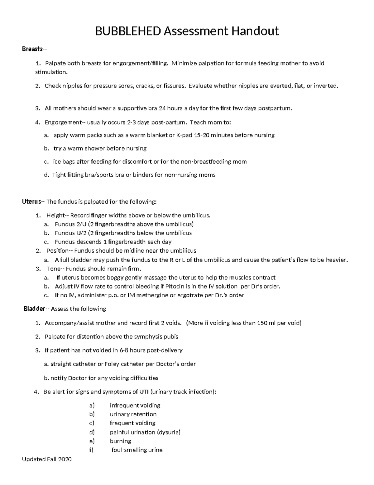 Bubblehed Assessment - BUBBLEHED Assessment Handout Breasts- 1. Palpate ...
